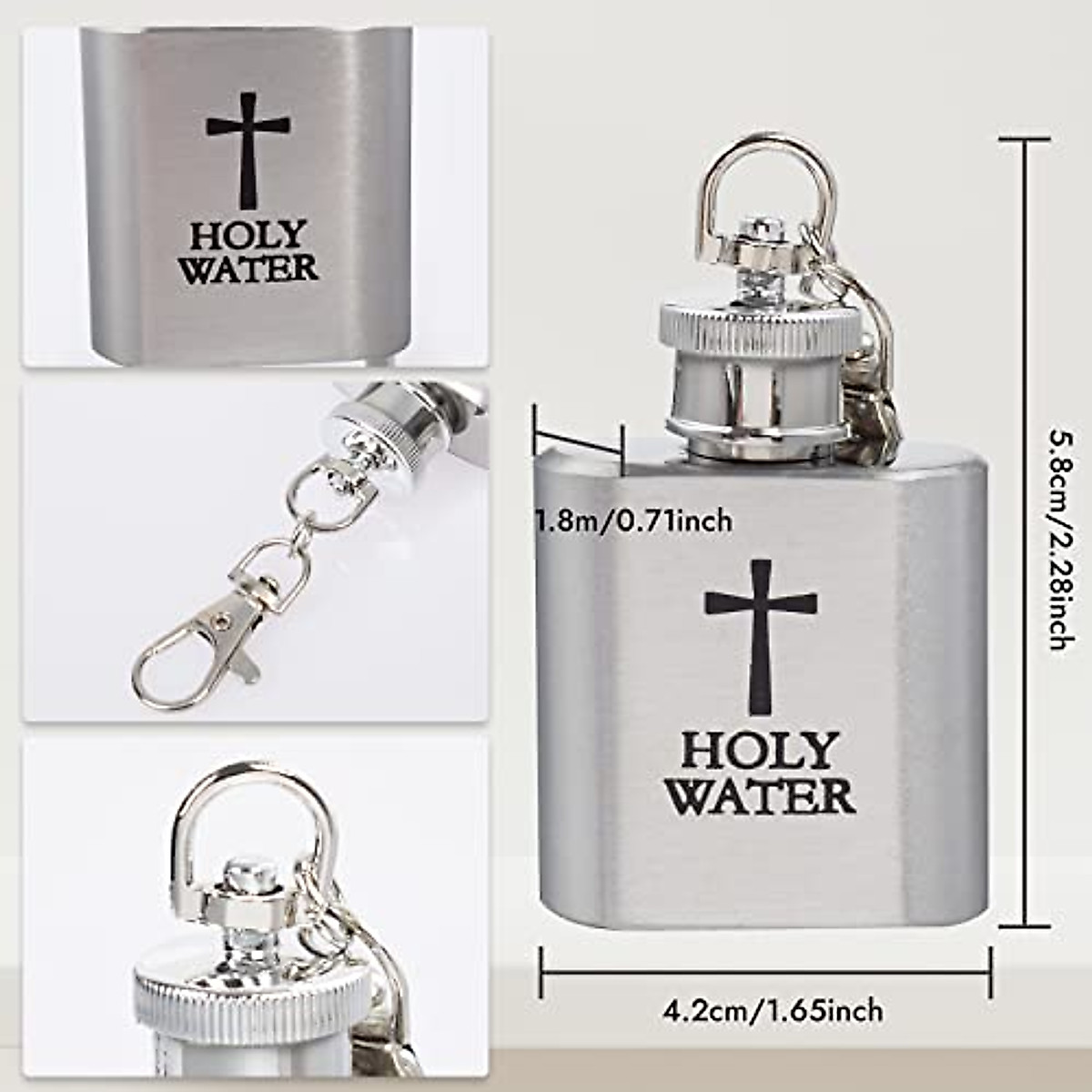 RONRONS 4 Pieces Metal Holy Water Bottles with Keychain, 100ml Empty Refillable Catholic Christian Holy Water Container with Black Cross, Easter Party Favor Church Thanksgiving Day Decorative Bottle