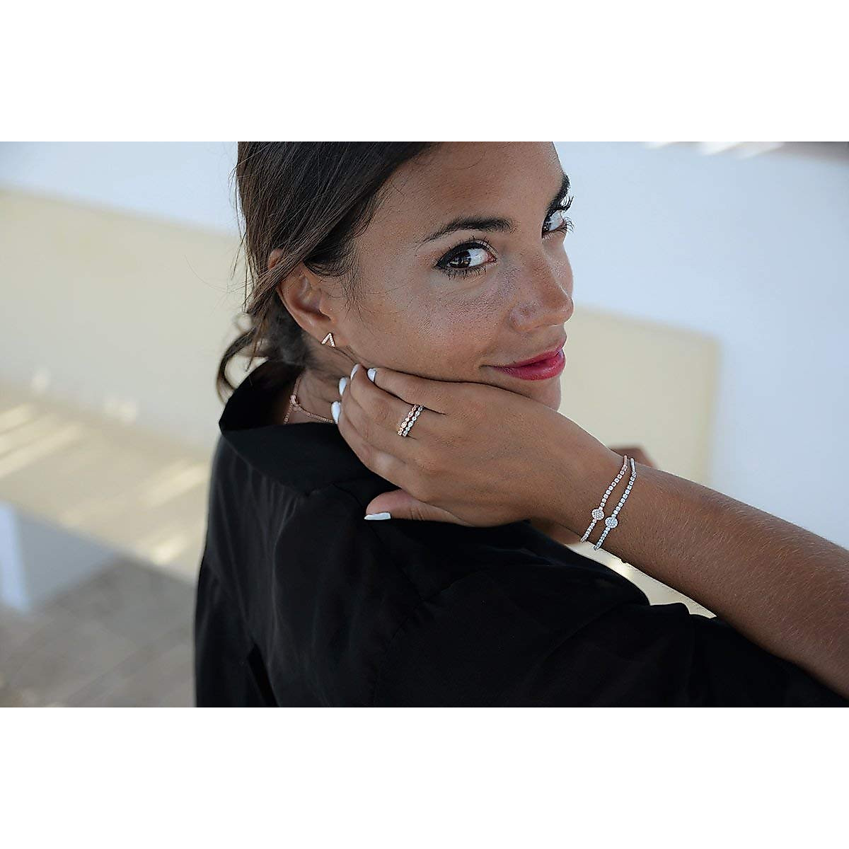 Micropave Disc Bolo Bracelet Adjustable 10 Inch 14K Rose Gold Plating