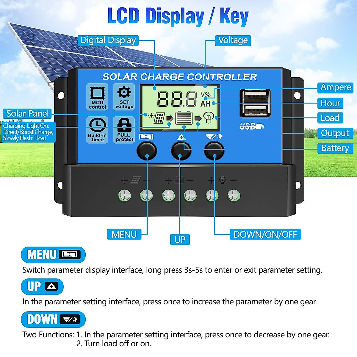 [Upgraded] 30A Solar Charge Controller, 12V/ 24V Solar Panel Regulator with Adjustable LCD Display Dual USB Port Timer Setting PWM Auto Parameter