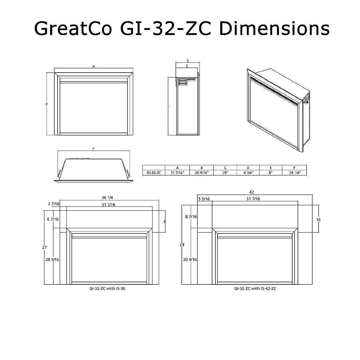 Outdoor Great Room GI-32-ZC Electric Fireplace Insert Zero Clear, 32"