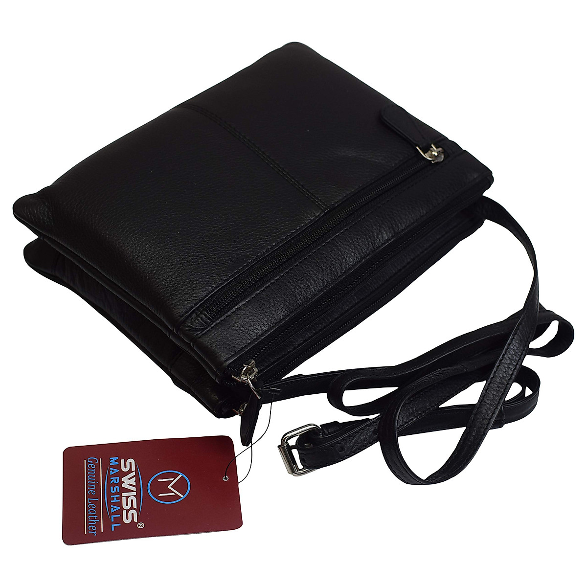 Swiss Marshal Genuine Leather Womens Purse Double Zipper Top Pockets Crossbody Shoulder Bag for Ladies (Black)