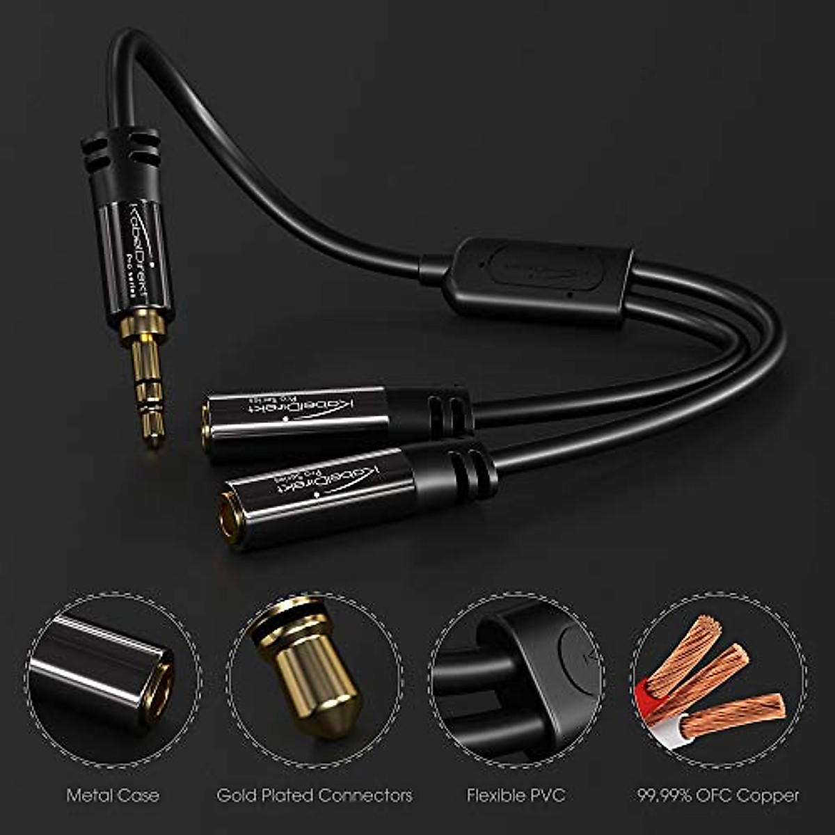 KabelDirekt – 3.5mm Y Adapter & Jack & AUX Splitter (1×3.5mm Male to 2×3.5mm Female, Connect Two Sets of Headphones to a Smartphone/Tablet/Notebook, Stereo, 4in, Black)