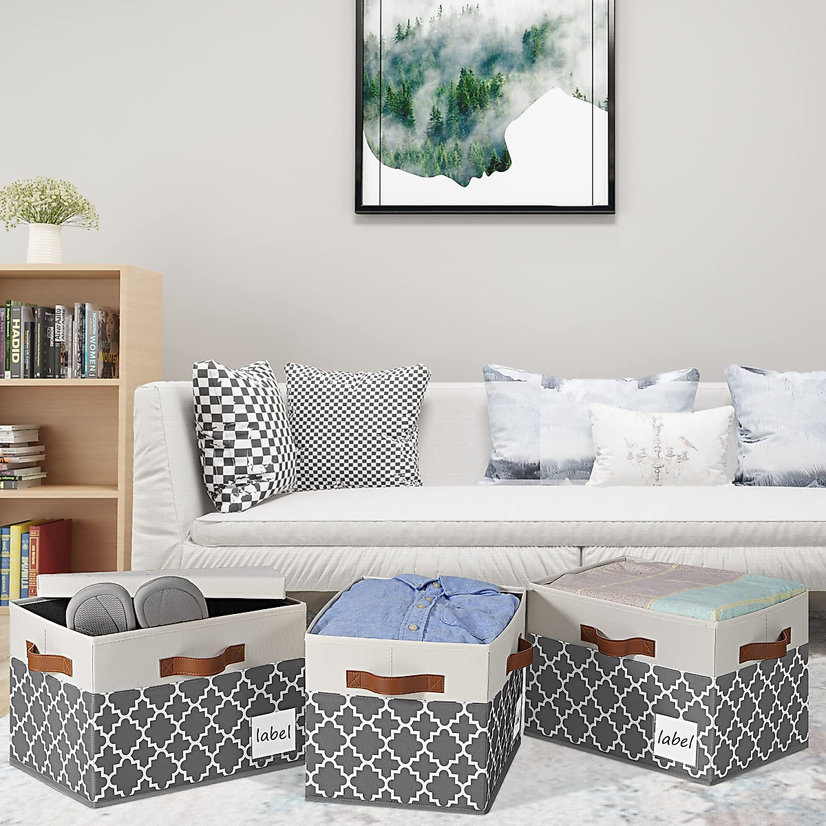 PFFVRP Large Storage Bins with Lids, Foldable Fabric Storage Baskets with Lids, Sturdy Storage Boxes with Labels and 3 PU Handles for Closet Home Bedroom Office (26L, 3 Packs, Grey Plaid&White)