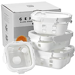 GENICOOK Borosilicate Tempered Glass Food Storage Containers with Glass Lids - Food Grade Silicone Wrap & Air Release Vent, Rectangular shape - 8 Pc Set (4 Containers - 4 Matching Lids) White