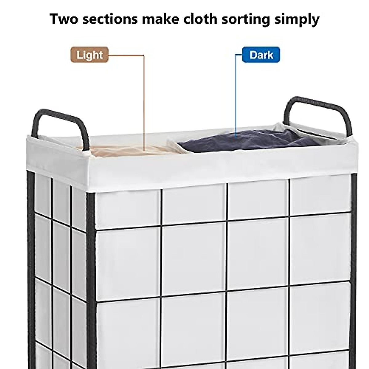 Laundry Hamper with Divided Liner Bag; Collapsible Laundry Basket with Rolling Lockable Wheels; Clothes Hamper with Metal Handle; Laundry Sorter with Removable Liner Bag (White)