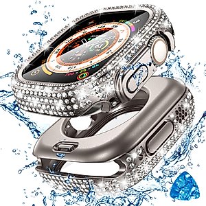 Tensea [2 in 1 for Waterproof Apple Watch Ultra2/Ultra Screen Protector Case 49mm Accessories, iWatch Hard PC Diamond Front and Back Bumper Case with Tempered Glass Film, Bling Face Cover Women, 49 mm