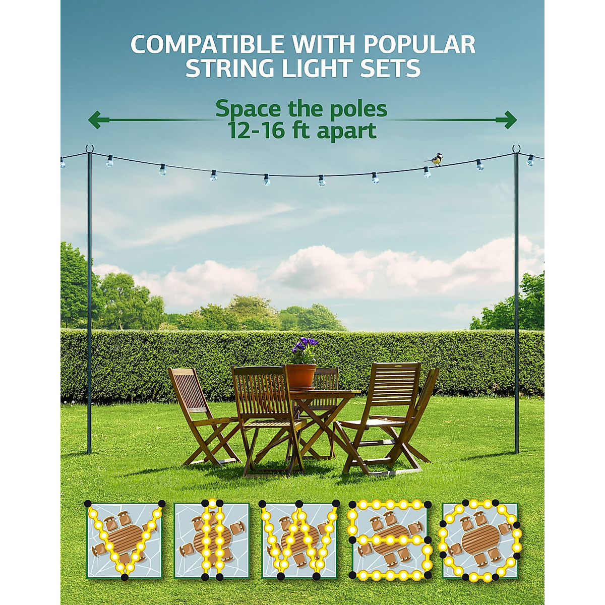 BACKYARD THERAPY Outdoor String Light Poles - 9ft Pole for Hanging Lights Outside - Galvanized & Powder Coated - Secure Ground Grip Stand - Garden, Deck, or Patio Area Lighting (2-Pack)