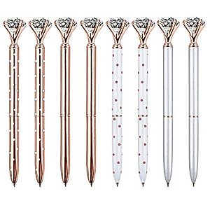 ZZTX 8 PCS Big Crystal Diamond Ballpoint Pen Bling Metal Ballpoint Pen Office Supplies, Rose Gold/Silver/White With Rose Polka Dots/Rose Gold With White Polka Dots, Includes 8 Pen Refills