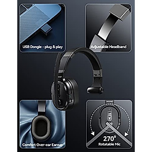 TECKNET Trucker Bluetooth Headset, Over-Ear 70h AI Noise Canceling Wireless Headphones with Microphone, Comfort ENC Bluetooth Headset with Dongle & Mute for PC Phone Laptop Office Home Skype Zoom
