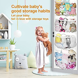 Adgoaler Stuffed Animal Storage, Over Door Stuff Animals Organizer with 4 Large Pockets for Kids Plush Stuffies, Hanging Toy Plush Storage for Nursery, Bedroom, Easy Installation (White)