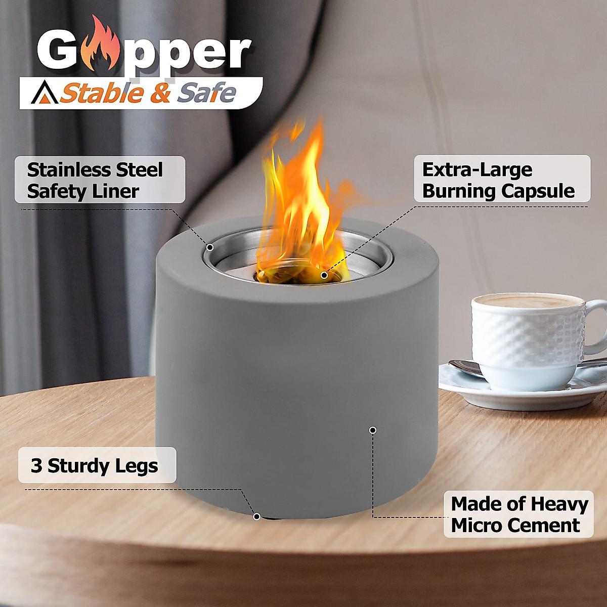 Tabletop Fire Pit, Rubbing Alcohol Fireplace Firepit Indoor Outdoor, Bio Ethanol Ventless Fire Pit, Mini Concrete Fire Bowl Clean Burning Real Flame for Patio Balcony