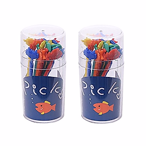 MXY Colorful Food Fruit Picks for Bento Box Cake Snack Forks Resuable Cute Design Hippo Fish Crab Turtle Starfish Set of 20 Pieces Pack of 2 Round Boxes
