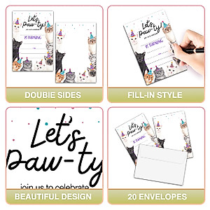 Cat Birthday Invitations with Envelopes - Kitty Cat Birthday Party Invitation Card - Let's Paw-ty Fill-in Invites Cards - Cute Pet Party Celebration (20 Pack)-25