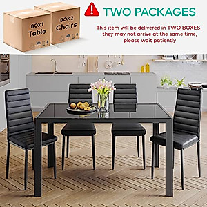 Gizoon 5 Piece Glass Dining Table Set, Kitchen and Chairs for 4, PU Leather Modern Room Sets Home (Black)