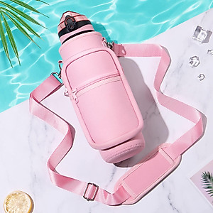 Fimibuke 32 oz Water Bottle with Sleeve - BPA Free Leakproof Sport Large 1L Plastic Motivational Water Bottle with Straw & Strap & Insulated Neoprene Holder Carrier Bag for Women Men(A2.Baby Pink)