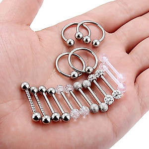 Ftovosyo 16Pcs Nipple Ring 14G Surgical Steel Tongue Nipplerings Barbell Bar Hoop Rings Retainer Piercing Jewelry for Women Men 14MM (9/16 Inch) Silver-tone