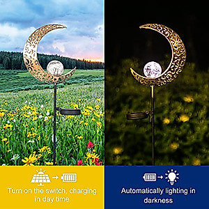 Edeco Outdoor Solar Lights Garden, Moon Crackle Glass Globe Stake Metal Waterproof  LED Lights for Pathway, Lawn, Patio, Yard