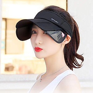 Summer Sun Visor Hat - Women Adjustable Golf Cap with Retractable Brim, UV Protection Beach/Tennis Sport Hat (Black)