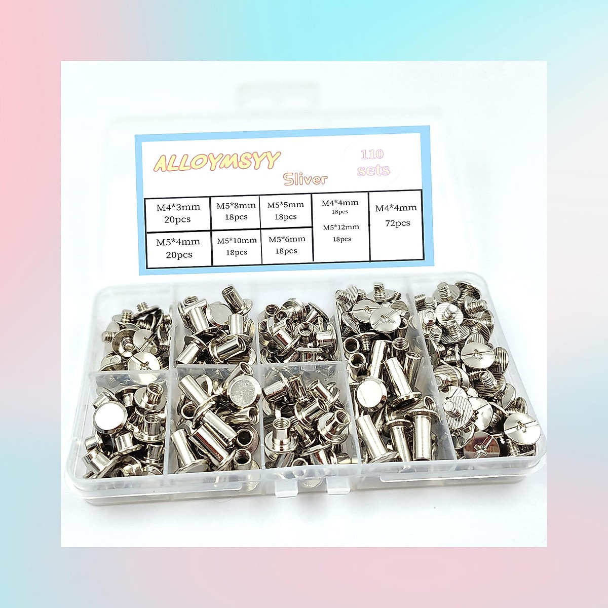 ALLOYMSYY 110 Sets Chicago Screws Leather Rivets Kit， for Binding Screws Trim and Repair Leather Craft Belt, Bag, Shoe, Purse Binding (Silver，M5*4.5.6.8.10.12.)