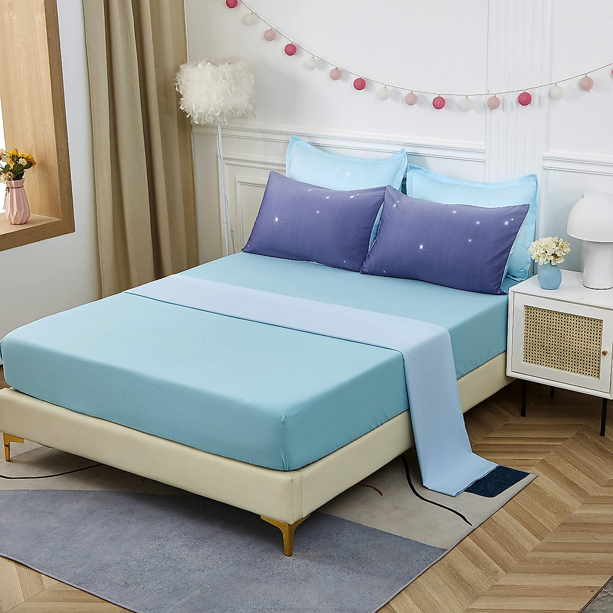 Girls Comforter Set Twin Size 6 Pieces Rainbow Comforter Blue Purple Bedding Set for Kids Ultra Soft Microfiber Comforter and Sheet Sets for All Season