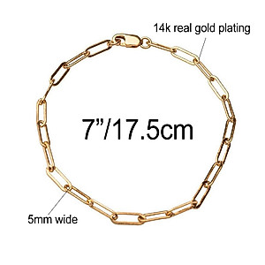 kelistom 14K Gold Filled Stainless Steel Paperclip Chain Bracelet for Women and 7.5” Rectangle Link Bracelets, Waterproof and Never Tarnish (14K gold)