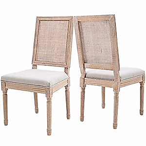 ZHENGHAO Vintage Farmhouse Dining Chairs Set of 2, French Country Dining Room Chairs with Rattan Back, Soild Wood Legs, Upholstered Chairs for Living Room/Kitchen/Restaurant, Beige
