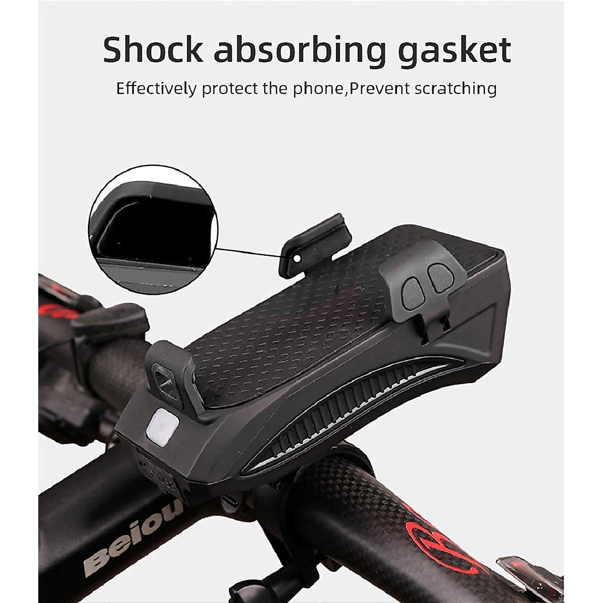 4-In-1 Bike Headlight, BessieSparks - Bicycle Horn, Phone Holder, USB Rechargeable Power Bank, Waterproof Adjustable Shock-Absorbing with LED Light & Horn, for 4 to 6.6 inches Phone