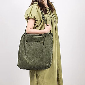 Etercycle Corduroy Tote Bag, Casual Shoulder Bag for Women Big Capacity shopping Handbags Work Tote Bag with Zipper Pockets (Green)