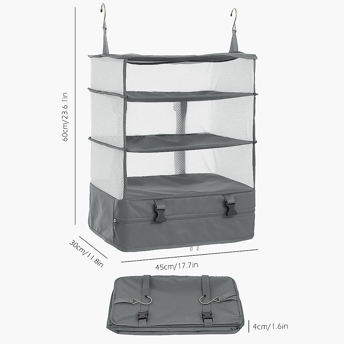 ELEZAY Hanging Packing Cubes Portable Closet Shelves Travel Collapsible Compression Garment Organizer for Carry-on Luggage Suitcase with Breathable Perforated Material X-Large_17.1*11.8*24.4 IN, Grey