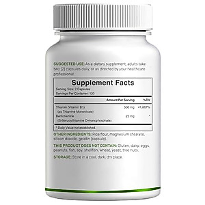 Vitamin B1 500mg with Benfotiamine, 240* Capsules – 2 in 1 Enhanced Formula – Fat & Water Soluble Thiamine B1 Supplement – Third Party Tested, Non-GMO, No Gluten