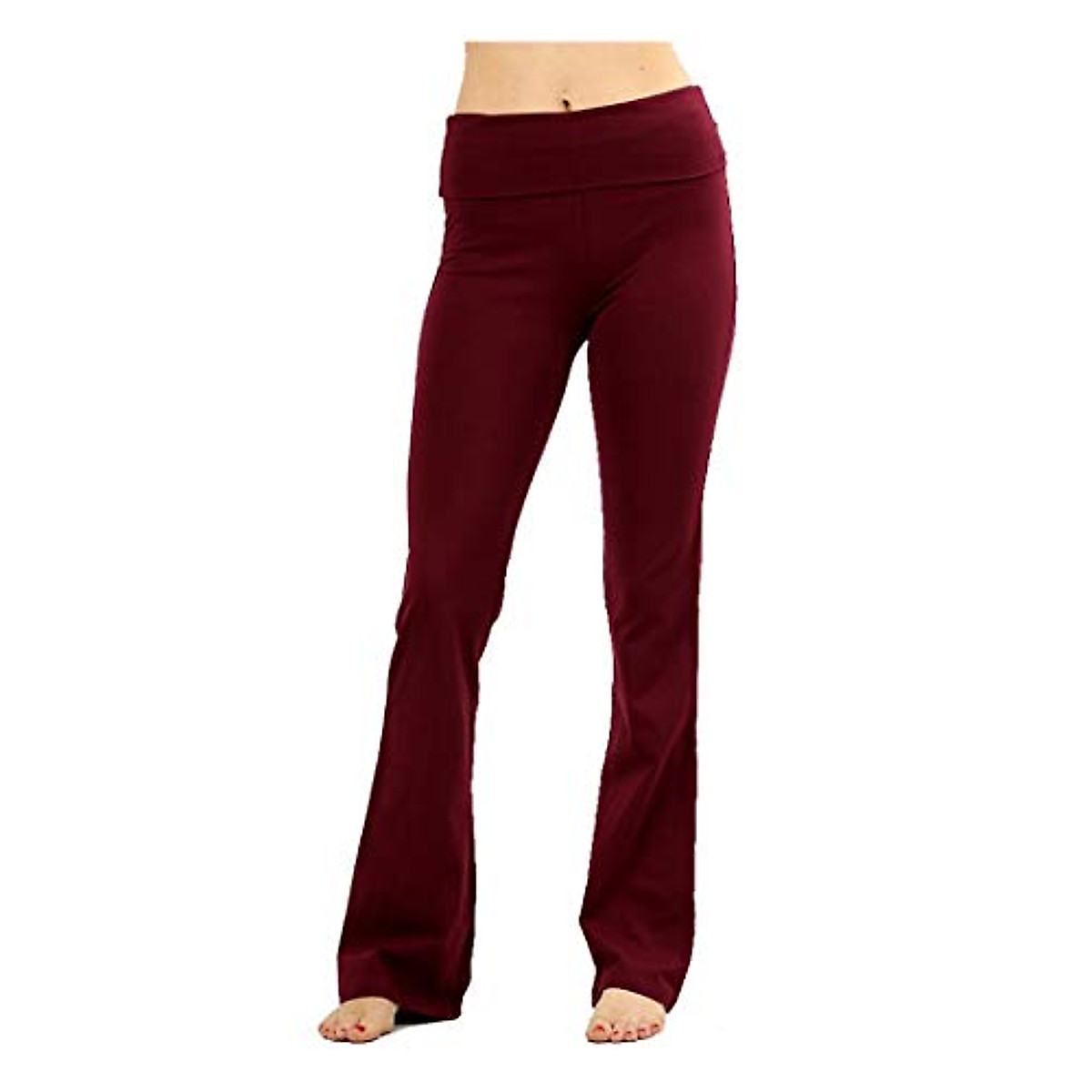 Zenana Premium Cotton FOLD Over Yoga Flare Pants,Burgundy,X-Large