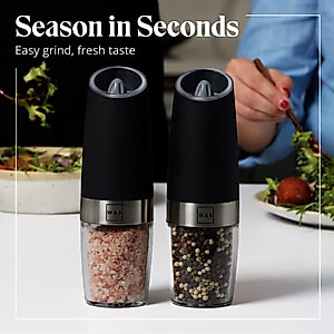 Willow & Everett Electric Salt and Pepper Grinder Set - 2 Battery-Operated, Automatic Salt and Pepper Shakers - Black and Stainless Steel Gravity Electric Salt Grinder & Pepper Mill for Seasoning
