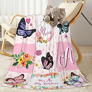 Custom Butterfly Blanket with Name Personalized Blankets Pink Flower Customized Name Kids Toddler for Girls Soft Fleece Blanket Newborn Swadding Blanket Nursery Stroller for Birthday, Christmas