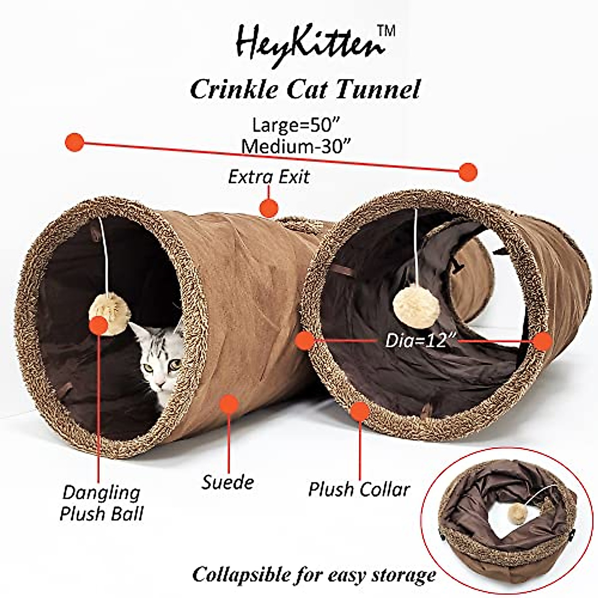 HeyKitten Collapsible 12" x 50" Crinkle Cat Play Tunnel, Hide-and-Seek Pet Toys for Indoor Kittens, Puppies & Bunnies, Large, Brown