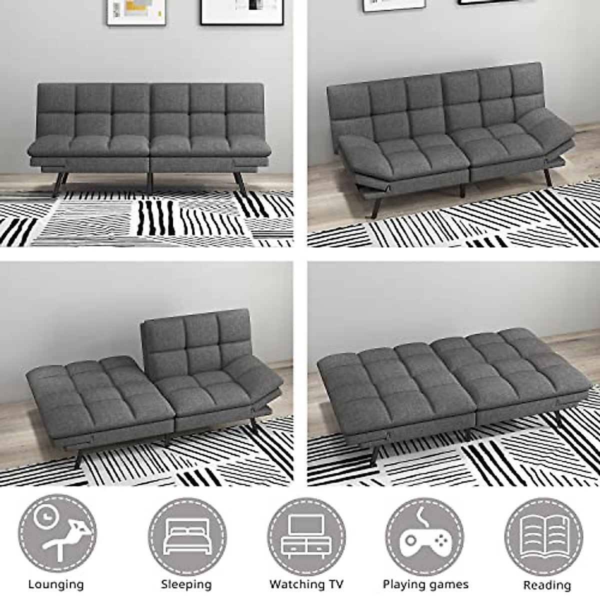 FONTOI Futon Sofa Bed Memory Foam Couch Sleeper Daybed Foldable Convertible Loveseat, Dark Gray
