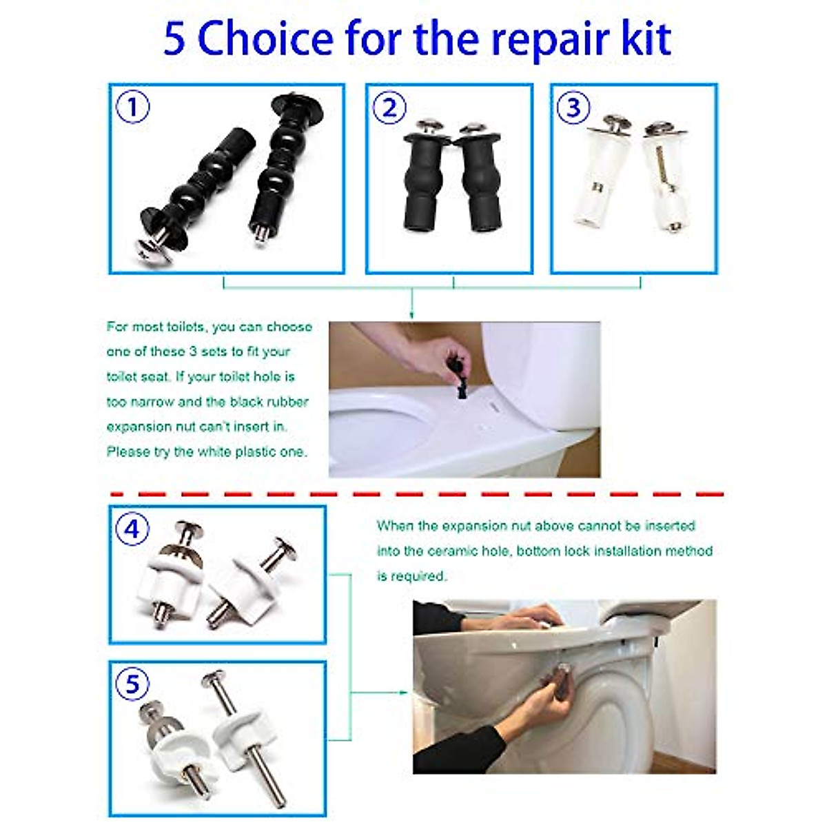 Hibbent Universal Toilet Seats Screws and Bolts Metal - Toilet Seat Hinges Bolt Screws, Toilet Seat Fixings Expanding Rubber,Toilet Seat Replacement Parts Kit(5 Choices)