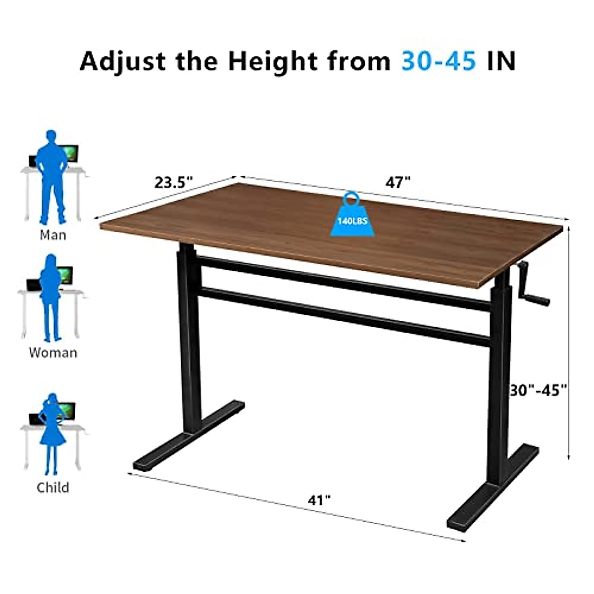 ERGO COMFY Manual Height Adjustable Standing Desk, 48 x 24 Inch Hand Crank Standing Desk with One-Piece Table Top, Sit Stand up Rising Desk, Home Office Computer Workstation, Walnut and Black