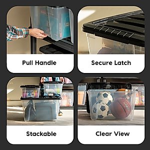 IRIS USA 6 Qt Stackable Plastic Storage Bins with Lids, 8 Pack - BPA-Free, Made in USA - See-Through Organizing Solution, Latches, Durable Nestable Containers, Secure Pull Handle - Clear/Black