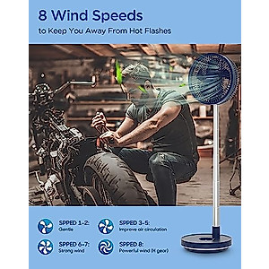 Primevolve 10 inch Oscillating Fan, Battery Operated Fan Adjustable Height, USB Rechargeable Home Office Outdoor Camping Tent Travel, Navy