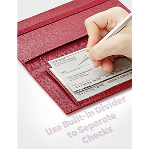 Yarnic Checkbook Cover for Personal Checkbook, Checkbook Holder with Pen Holder & Built-in Clear Plastic Divider for Duplicate Checks (Dark Red)