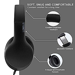 LORELEI X6 Over-Ear Headphones with Microphone, Lightweight Foldable & Portable Stereo Bass Headphones with 1.45M No-Tangle, Wired Headphones for Smartphone Tablet MP3 / 4 (Space Black)
