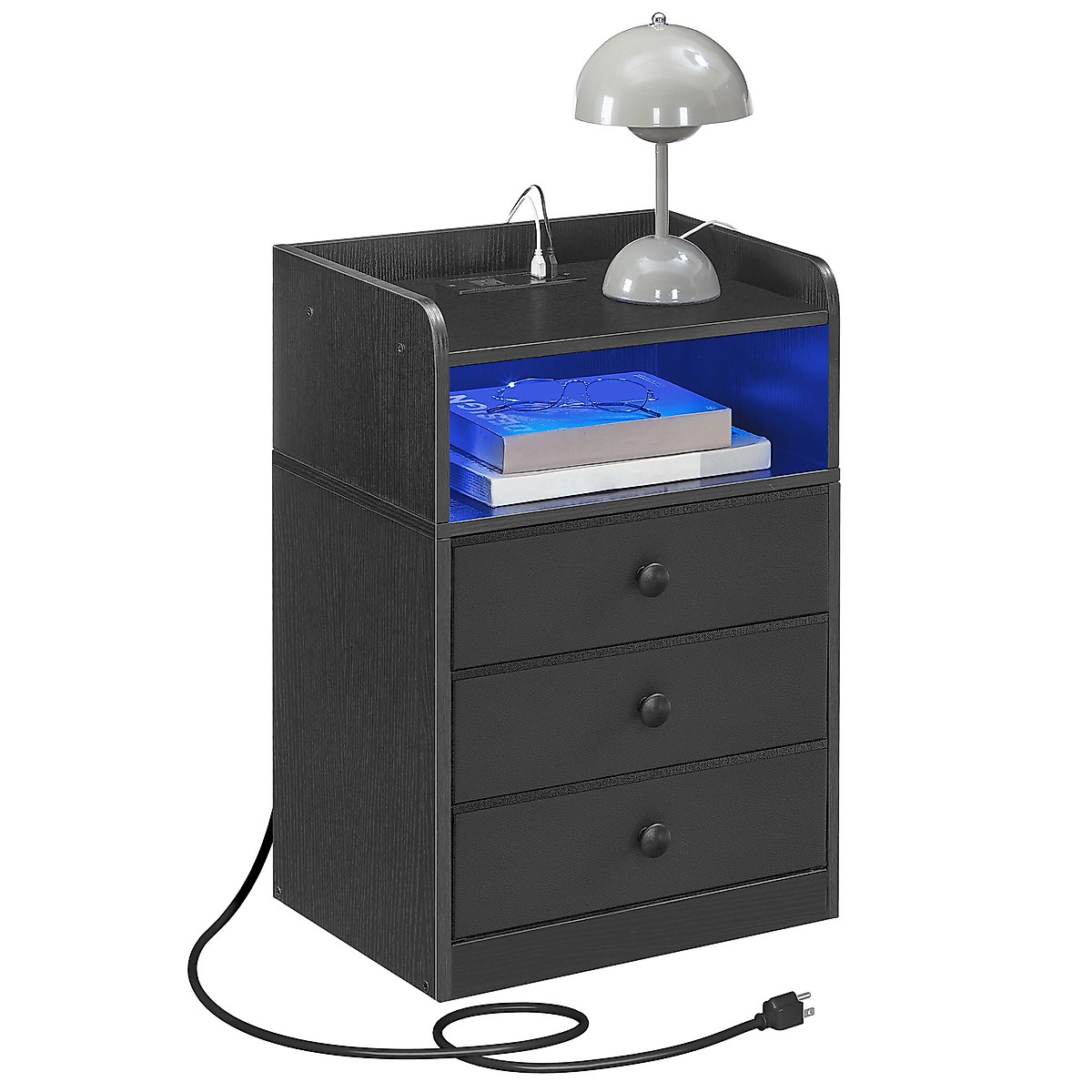 CHOEZON Nightstand with Charging Station and LED Light, Side Table with 3 Fabric Drawers Chest, End Table with USB Ports and Outlet, Bedside Table for Living Room, Bedroom, Black MBZ04UDBB