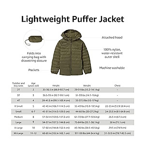 Amazon Essentials Boys' Lightweight Water-Resistant Packable Puffer Jacket, Black, Small