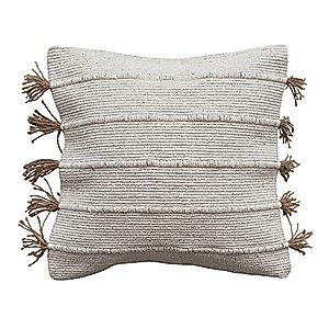 Creative Co-Op Boho Woven Jute and Cotton Throw Embroidery and Tassels, Natural Pillow, Ivory