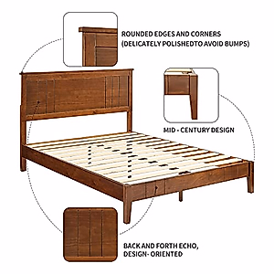 MUSEHOMEINC Mid-Century Modern Solid Wooden Platform Bed with Adjustable Height Headboard for Bedroom,Queen Size Wooden Bed Frame with Headboard,Wood Slat Support & No Box Spring Needed