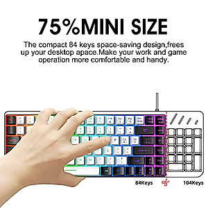 Snpurdiri 75 Percent Wired Gaming Keyboard, Mini Gaming Keyboard RGB Compact Ergonomic for Windows, PC, Laptop, Gaming (84 Keys, White-Black)