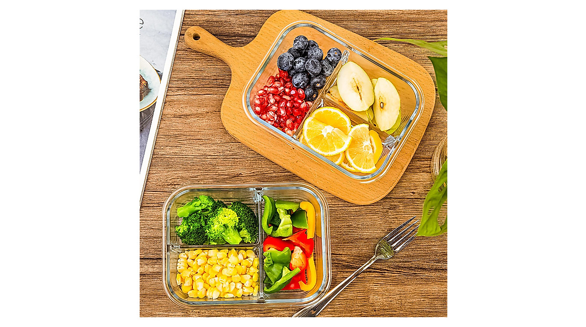 HAKEEMI 5-Pack,3 Compartment Glass Meal Prep Containers Set,34oz ...
