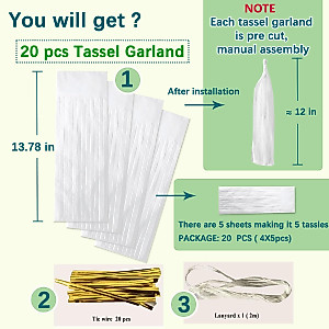 White Tassel Garland 20 Pcs, Tissue Paper Tassels Garland Banner for Party Birthday Wedding Decoration baby shower table decor