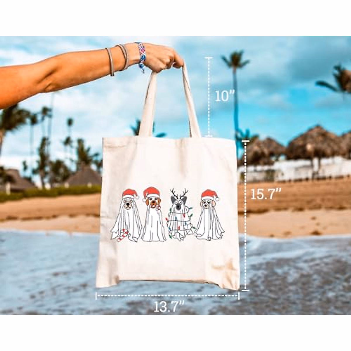 GXVUIS Christmas Ghost Dog Canvas Tote Bag for Women Aesthetic Party Reusable Grocery Shoulder Shopping Bags Dogs Mom Gift White