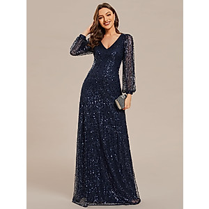 Ever-Pretty Women's Sequin A-Line V Neck Beaded Gown Long Sheer Sleeves Cocktail Evening Gown Navy Blue US10